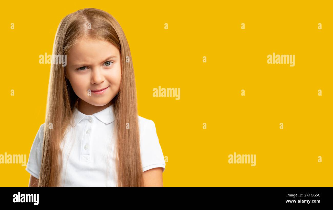 Suspicious kid. Naughty childhood. Fun lifestyle. Portrait of curious ...