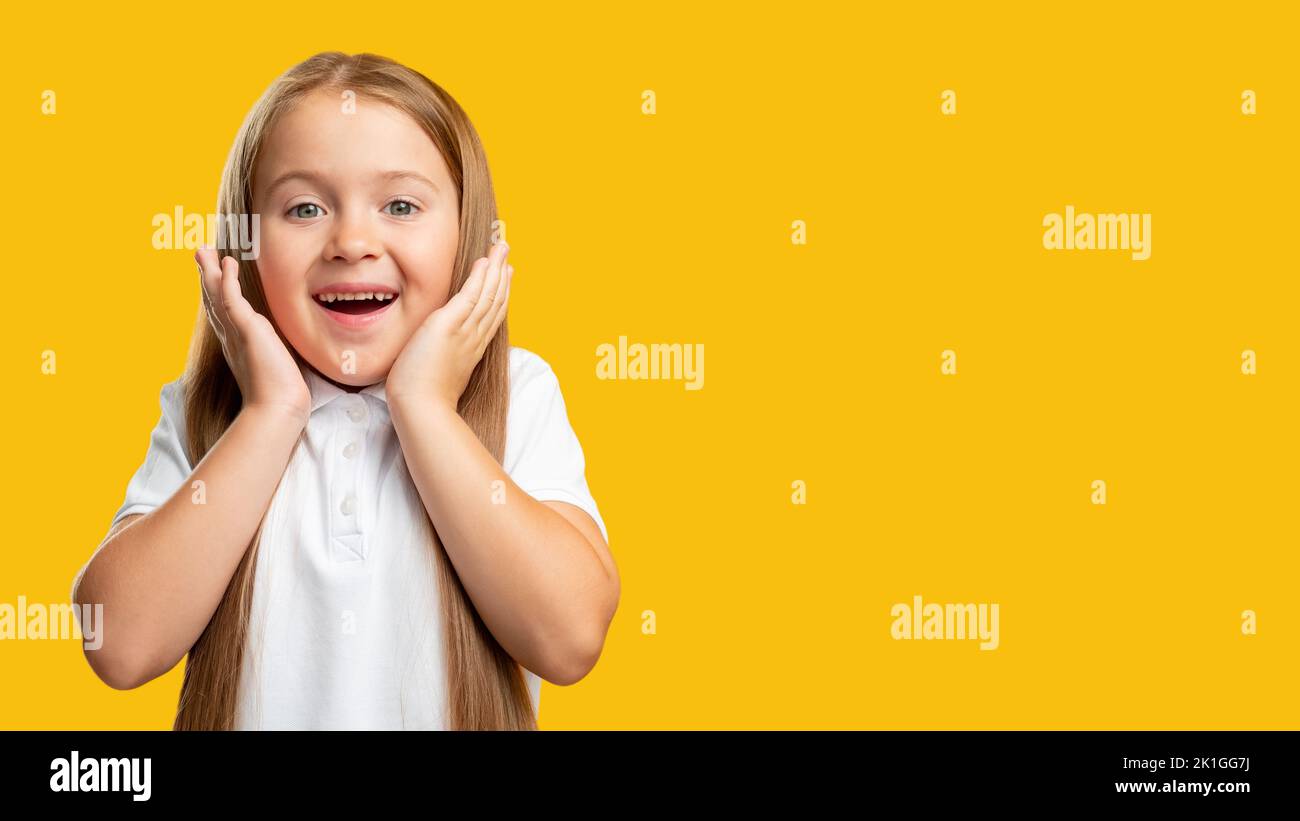 Amused kid. Perfect surprise. Wow reaction. Special offer. Portrait of ...