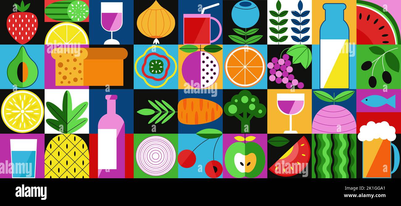 Abstract geometric food in square tiles. Bauhaus inspiration flat ...