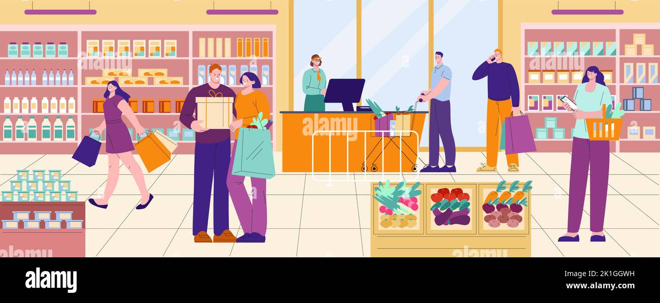 Selling vegetables, supermarket shopping with trolley. Family buy on ...