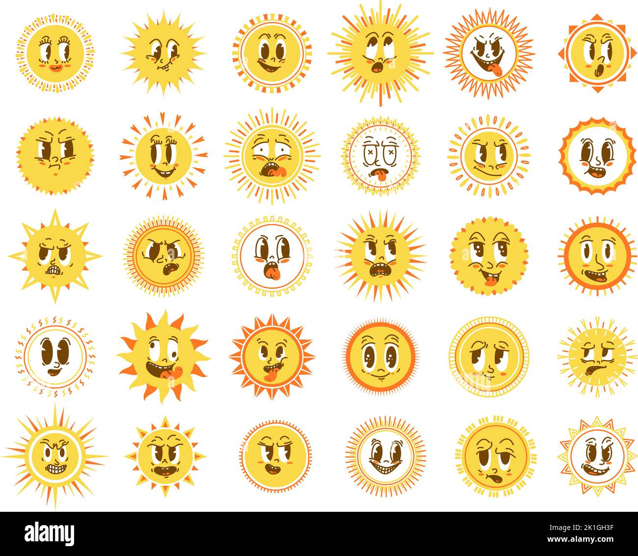 Sun faces elements. Morning sunshine, happy cute cartoon suns. Isolated ...