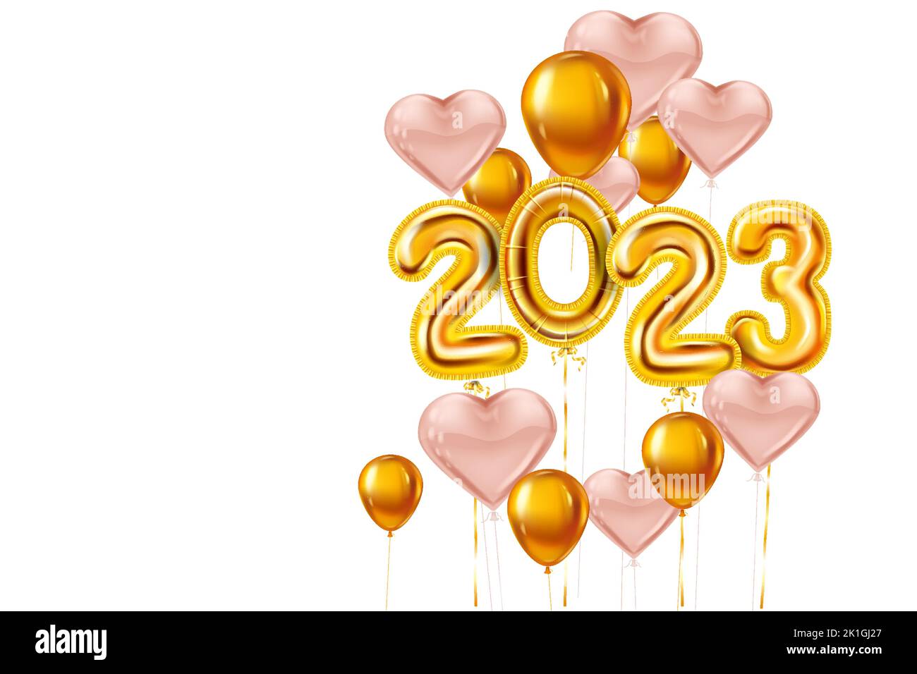 Pink heart balloons Happy New Year 2023, Golden foil numerals, white ...