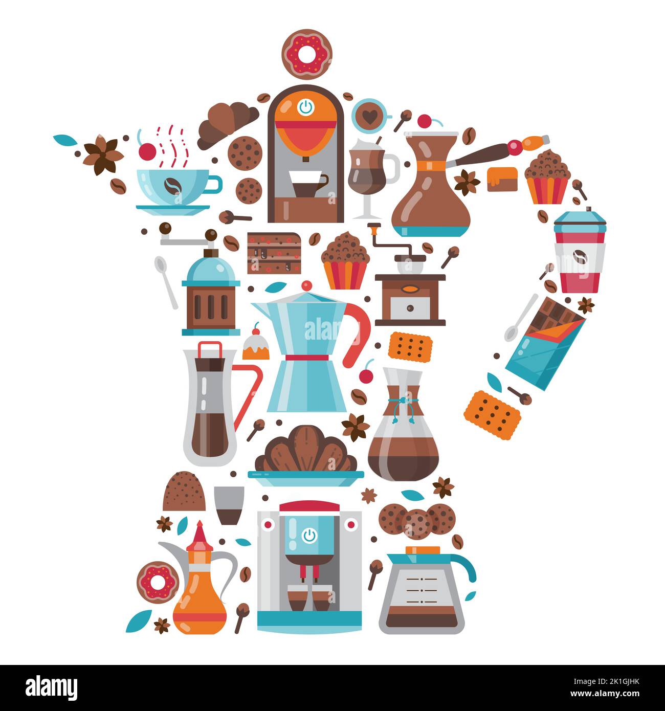 Coffee and Pastry Icons Print Stylized in Moka Pot Stock Vector Image ...