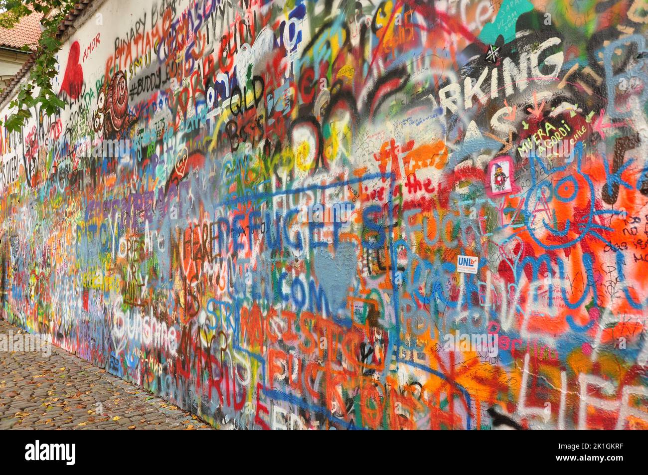 A closeup shot of colorful graffiti on John Lennon Wall in Prague ...