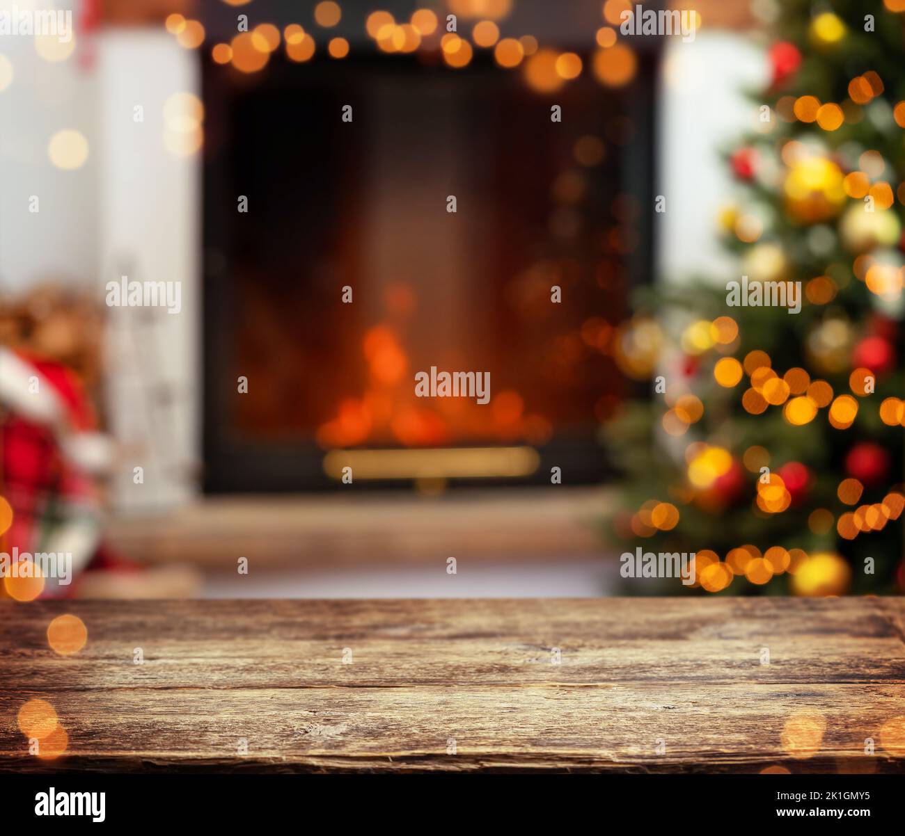 Christmas interior background with empty wooden tabletop. Copy space ...