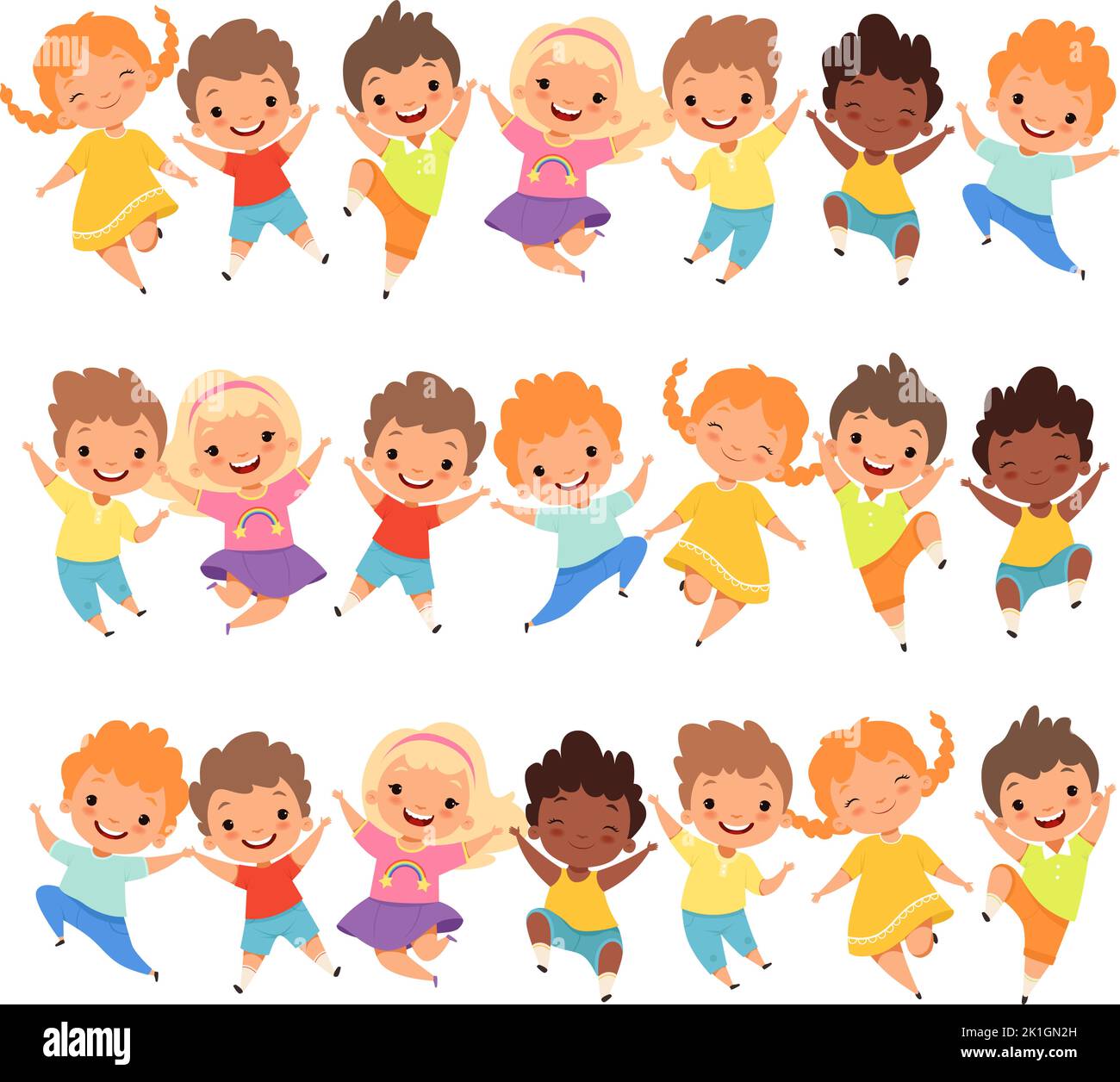 Jumping kids groups. Girls and boys jump, little cartoon children with ...