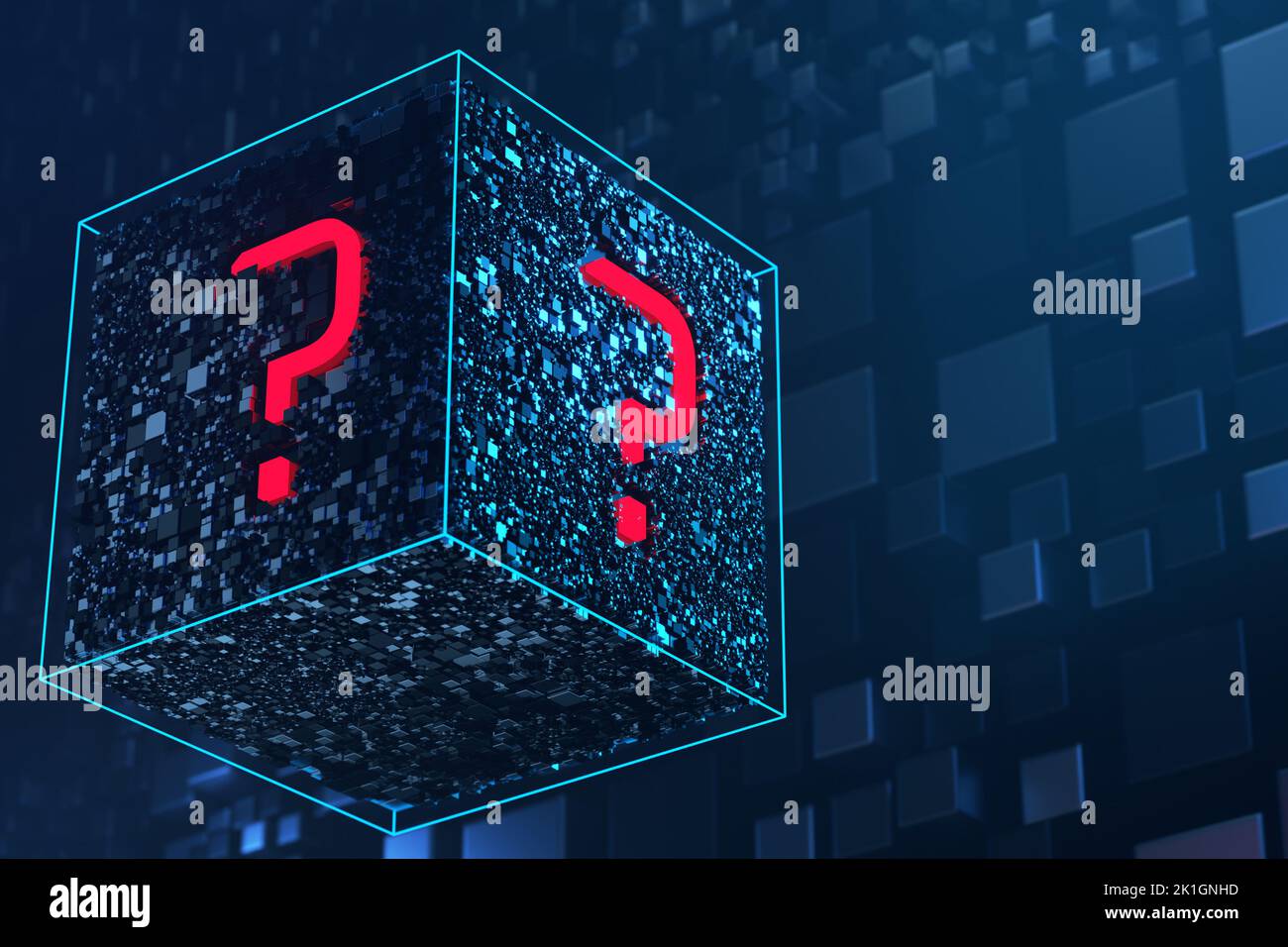 Question mark on an abstract hi-tech cube. The concept of solving the ...