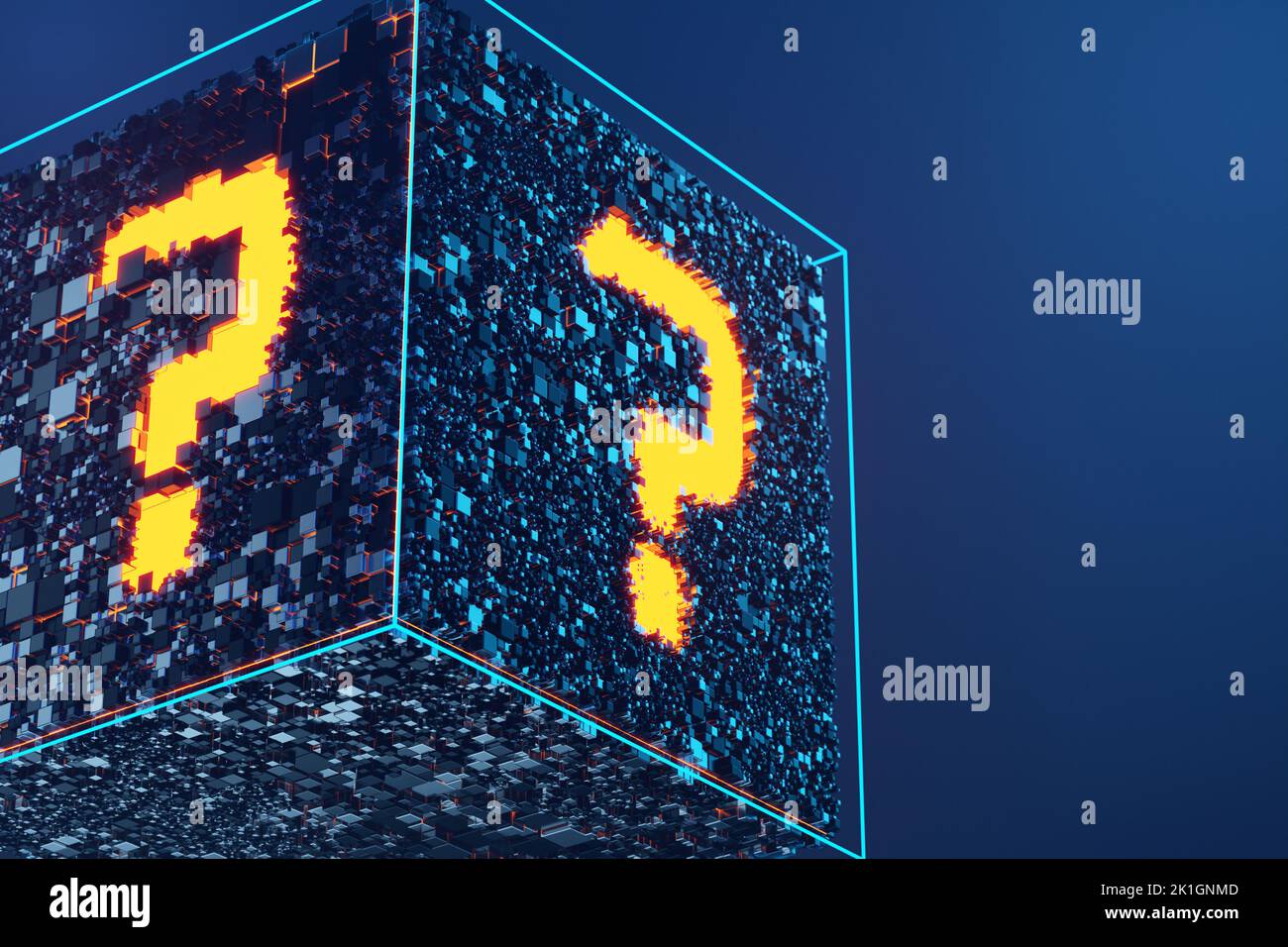 Question mark in yellow on an abstract hi-tech cube in blue. The ...