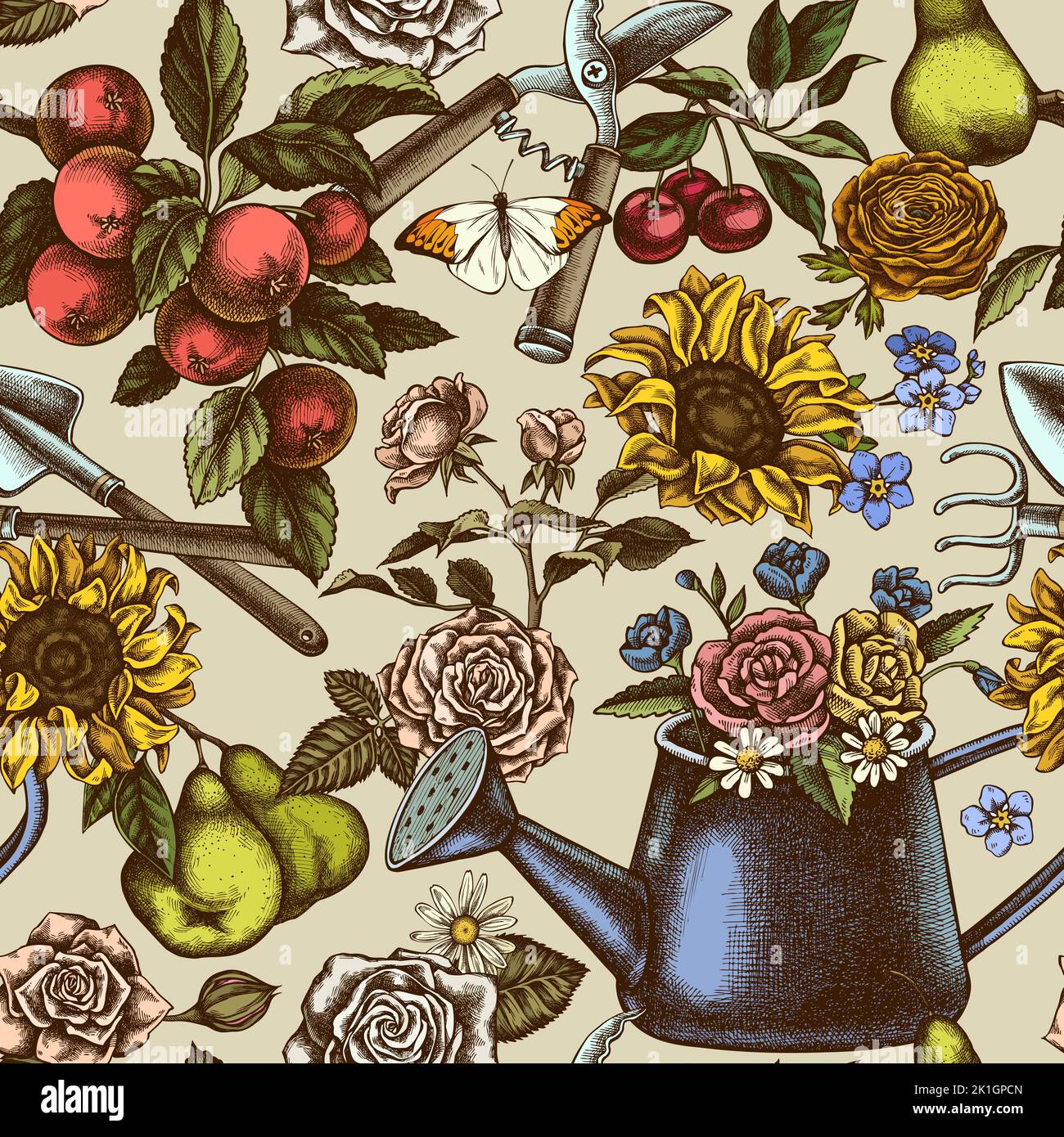 Gardening seamless pattern background design. Engraved style. Hand ...