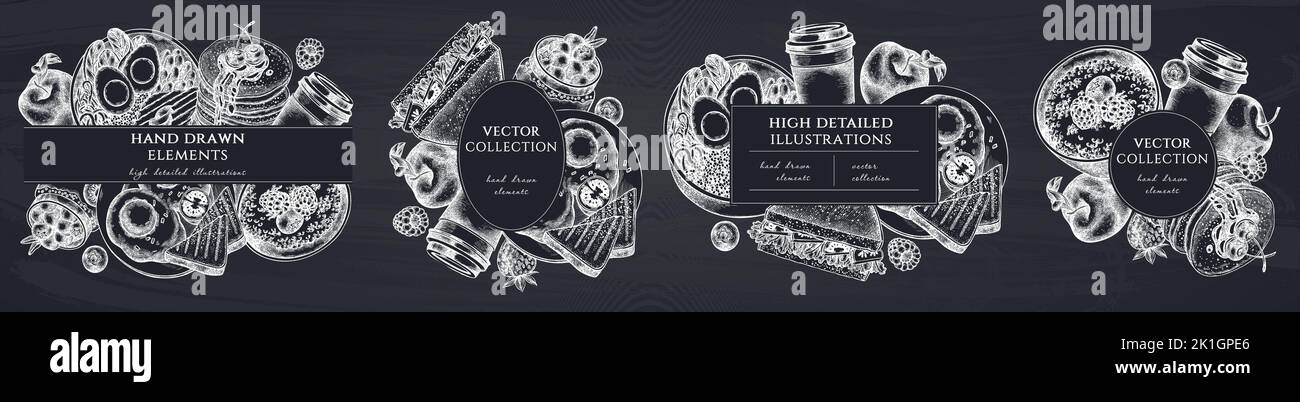 Breakfast hand drawn frame templates. Vintage illustrations of sandwich ...