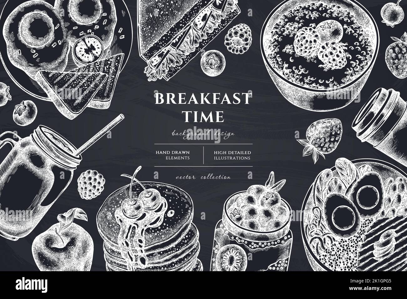 Breakfast hand drawn illustration design. Background with chalk ...