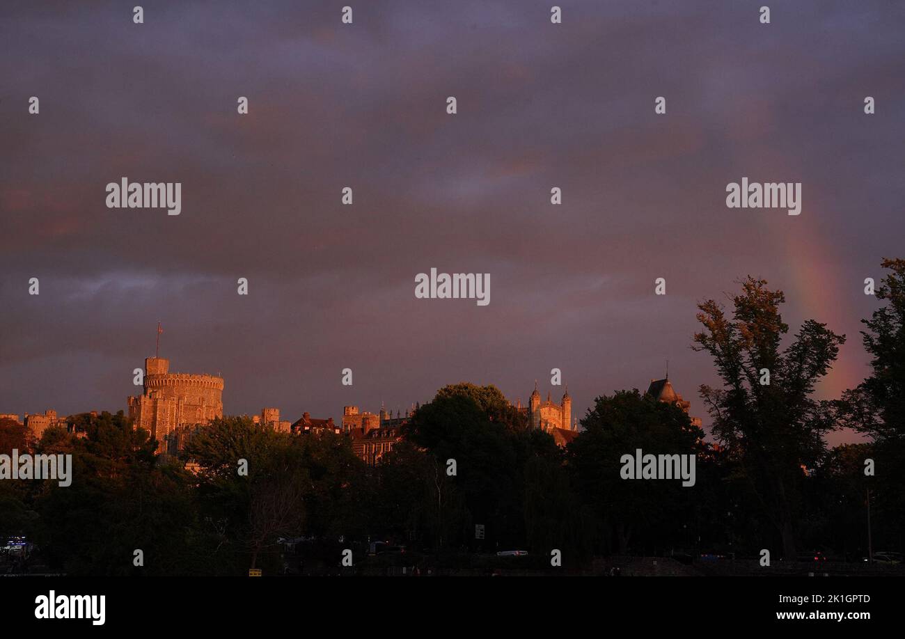 A rainbow over Windsor Castle, Berkshire, as the sun sets. Picture date ...