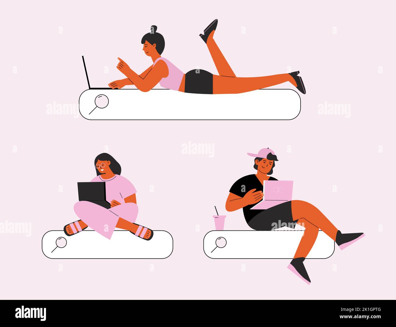 People internet surfing, search bar and students with laptop. Girls and ...