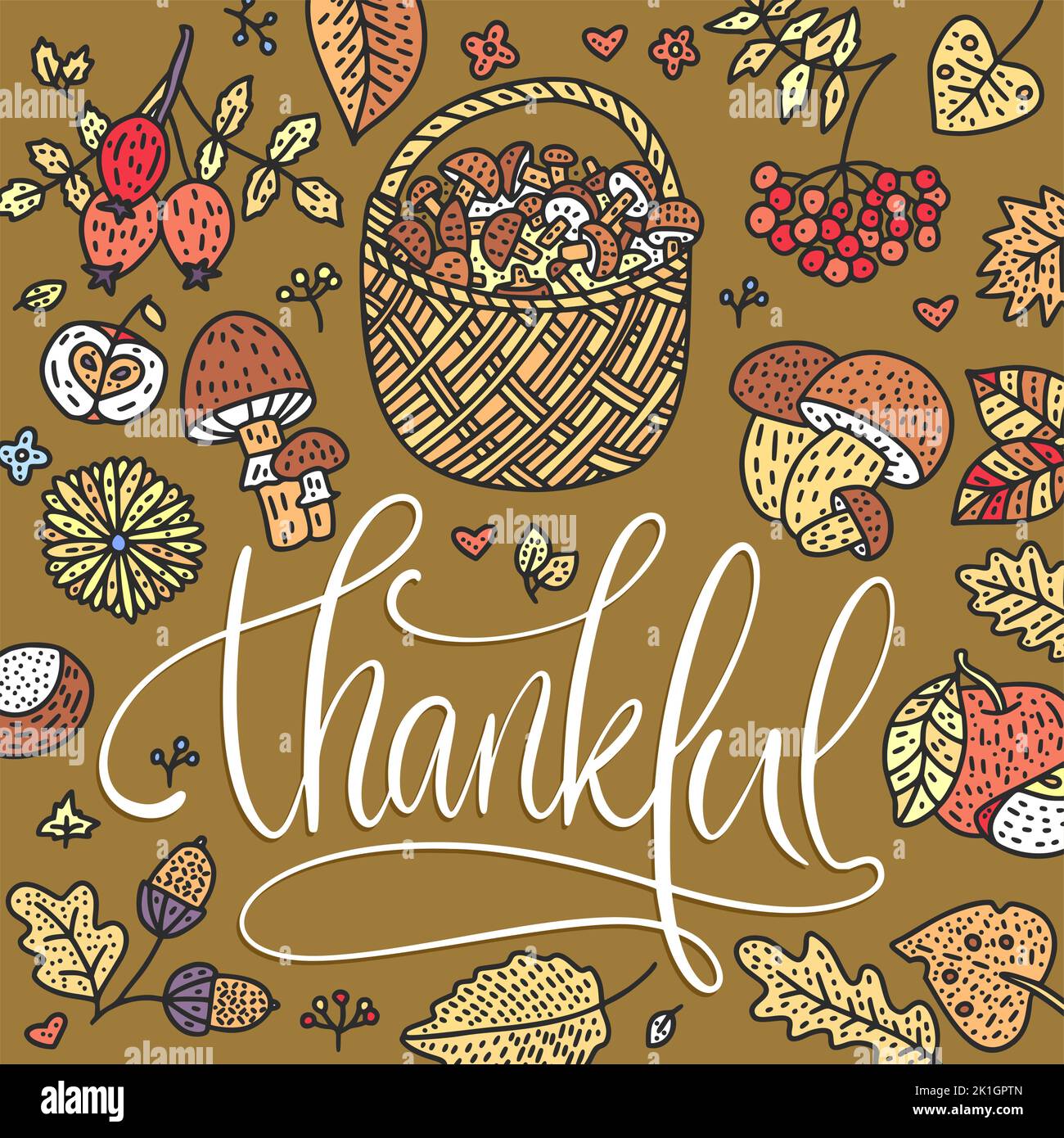 Thankful mushroom basket lettering card. Vector illustration Stock ...