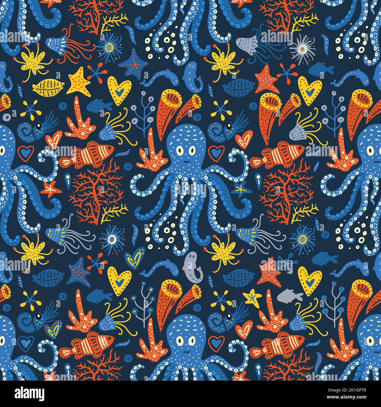 Octopus fish summer seamless vector pattern. Kid cartoon cute ...