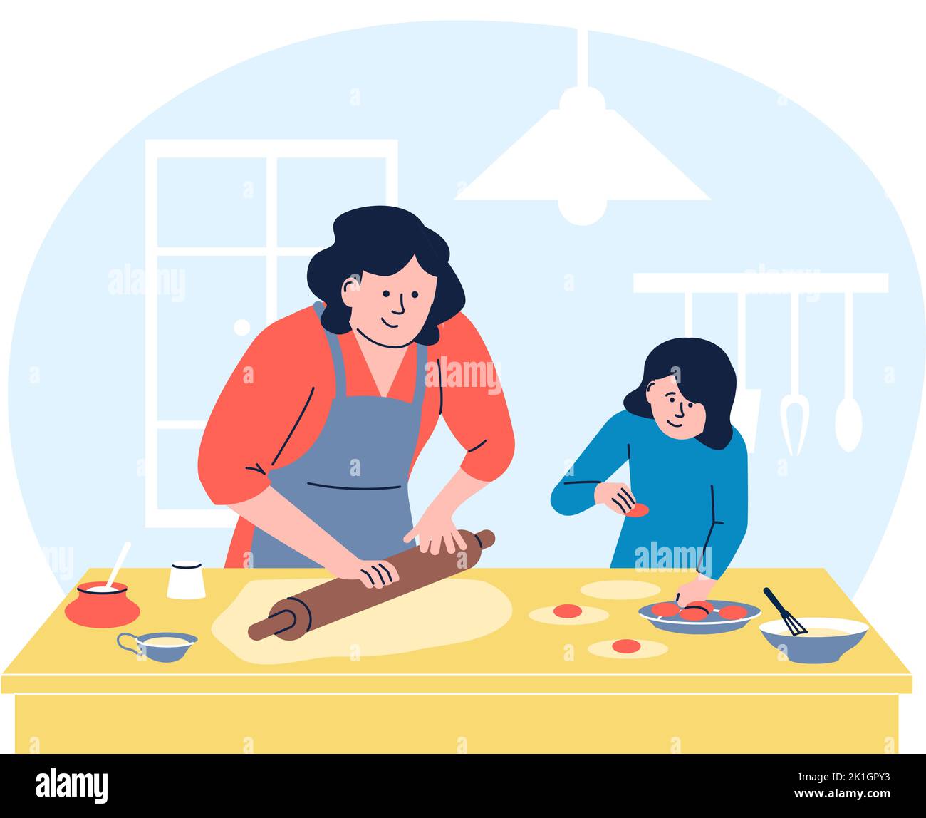 Mom and daughter on kitchen at home bake cake. Motherhood, young girl ...