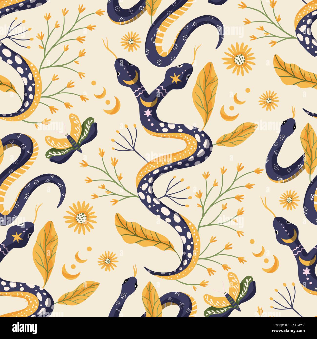 Snake and moth floral seamless pattern. Vector flower magic mystic boho ...