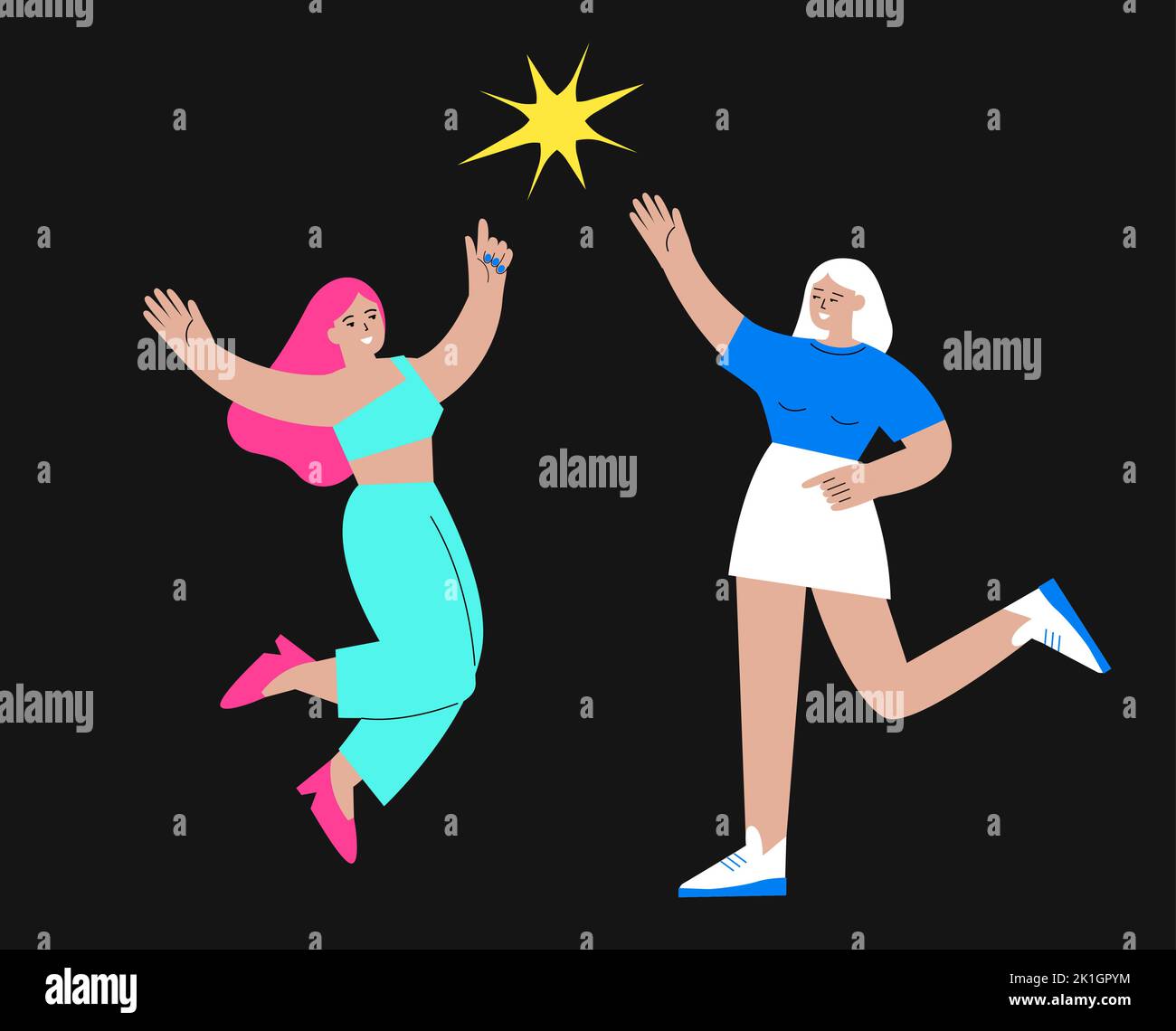 Happy girls reach for star. Young teens dreaming metaphor. Stylish ...