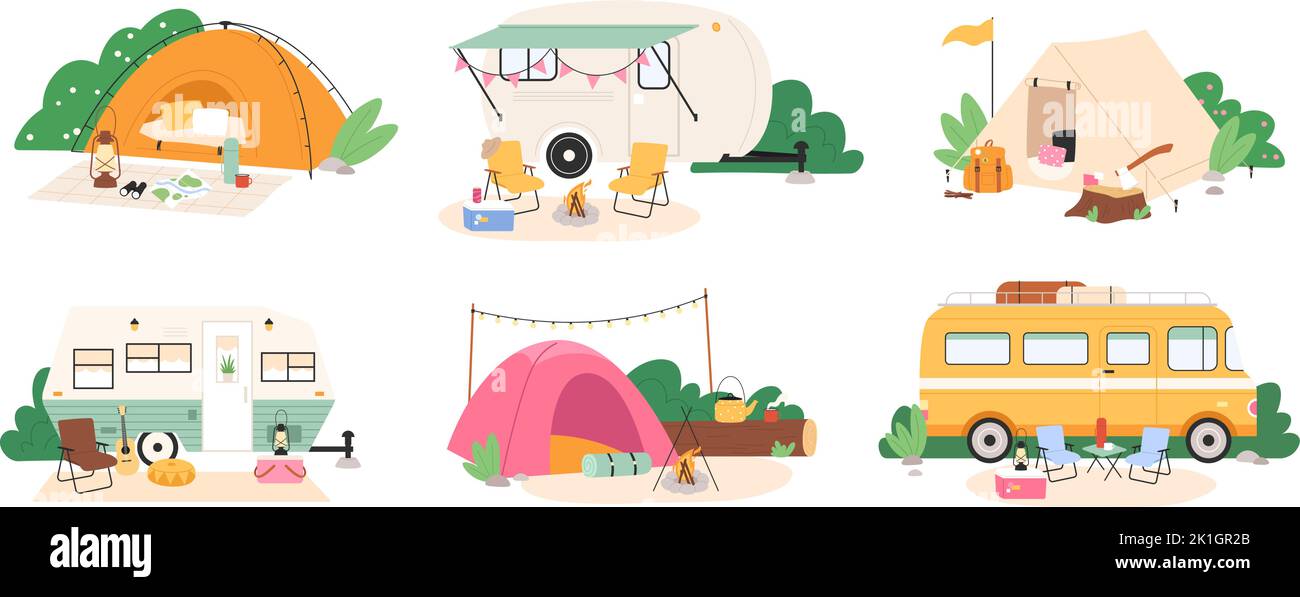 Hiking camping rest locations with tools, tent and campers. Forest ...