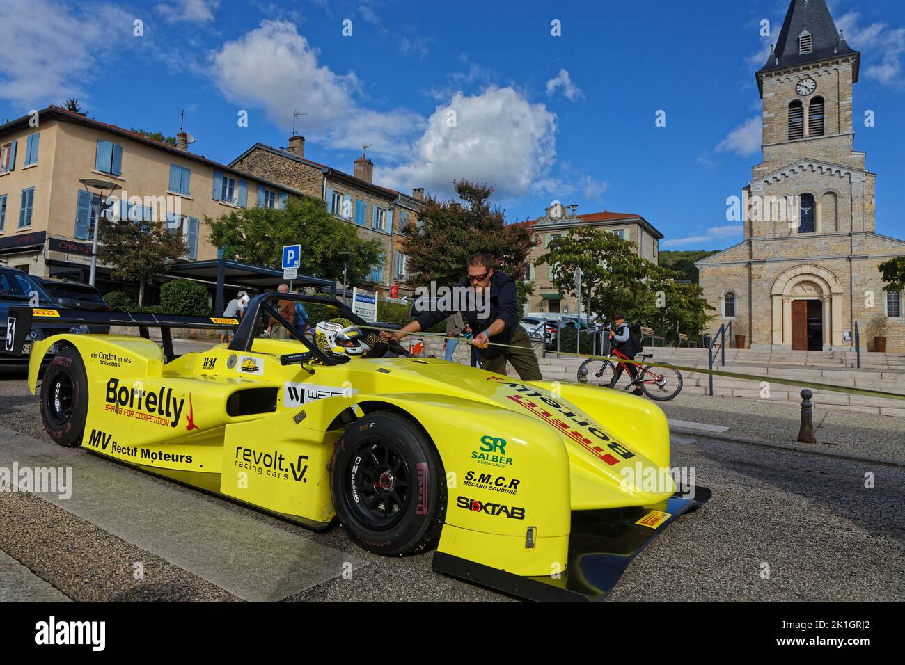 LIMONEST, FRANCE, September 17, 2022 : A broken-down race car is pulled ...