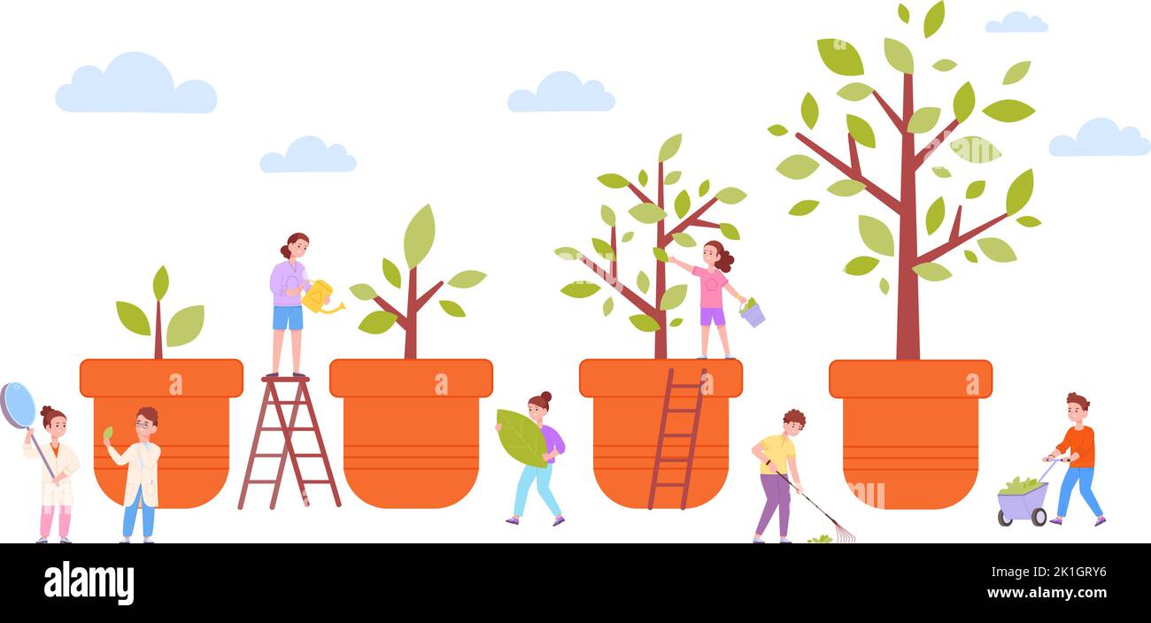 Teenagers grow tree. Kids planting eco sprout and clean-up or picking ...