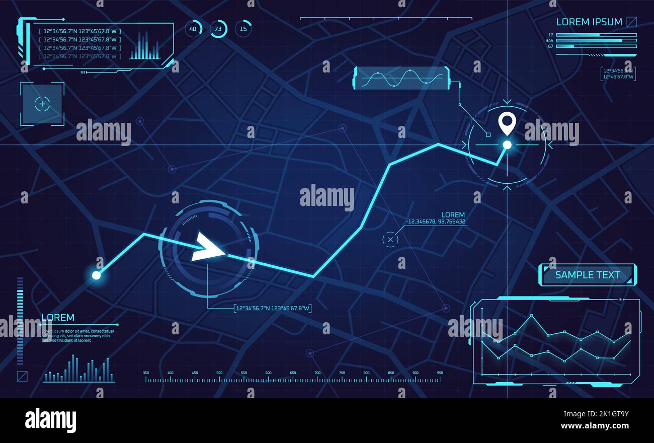 Hud roadmap. Road direction in digital gps navigation map on screen ...