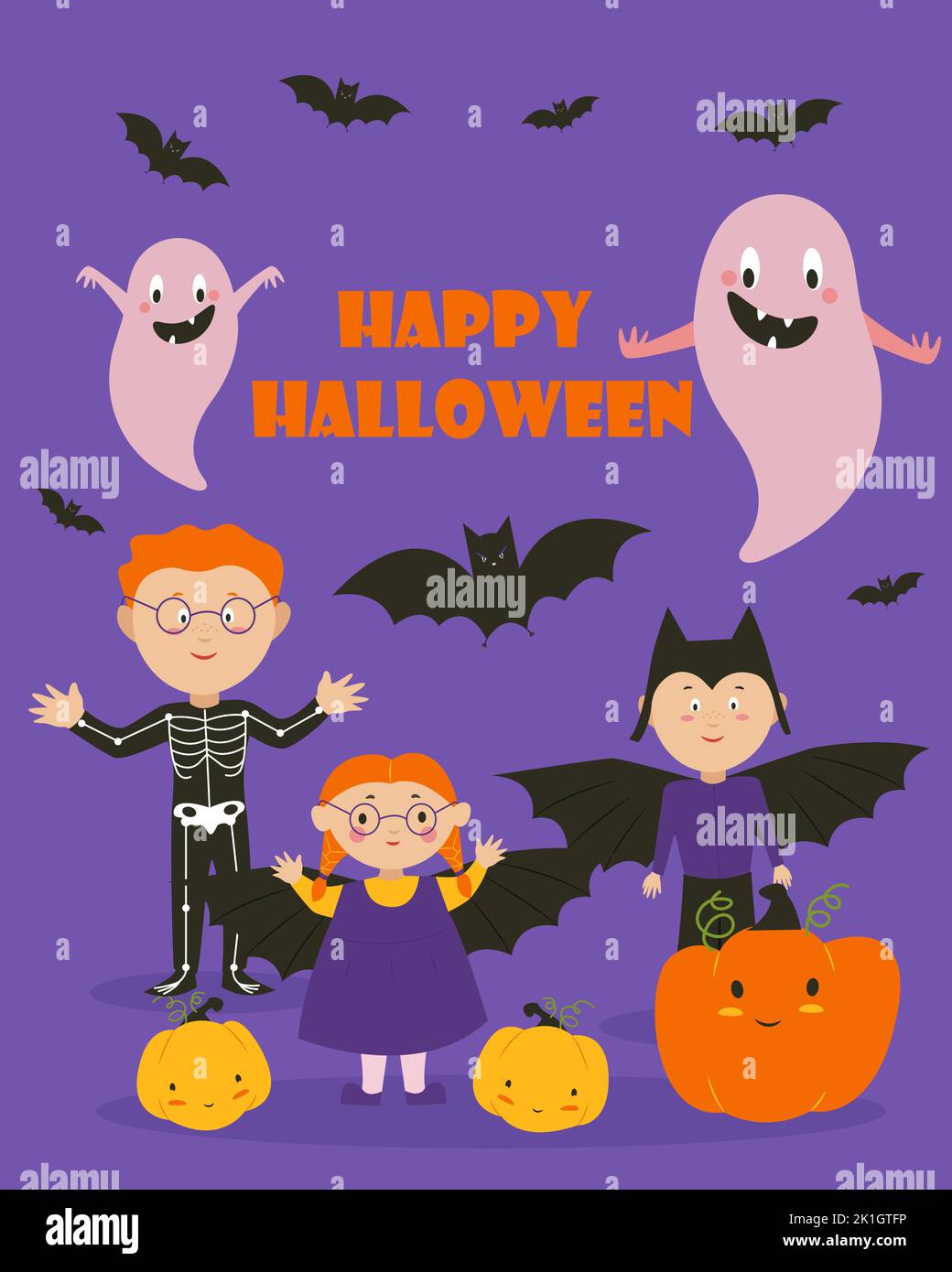 Postcard banner for Halloween, Children in costumes of ghosts and ...