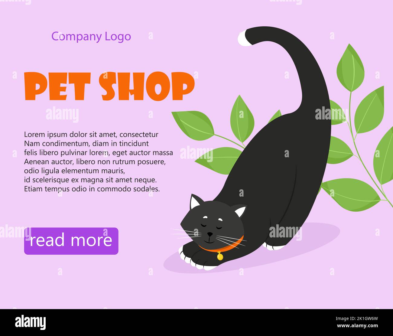 Pet shop banner. Black cat with a collar. Vector illustration in flat ...