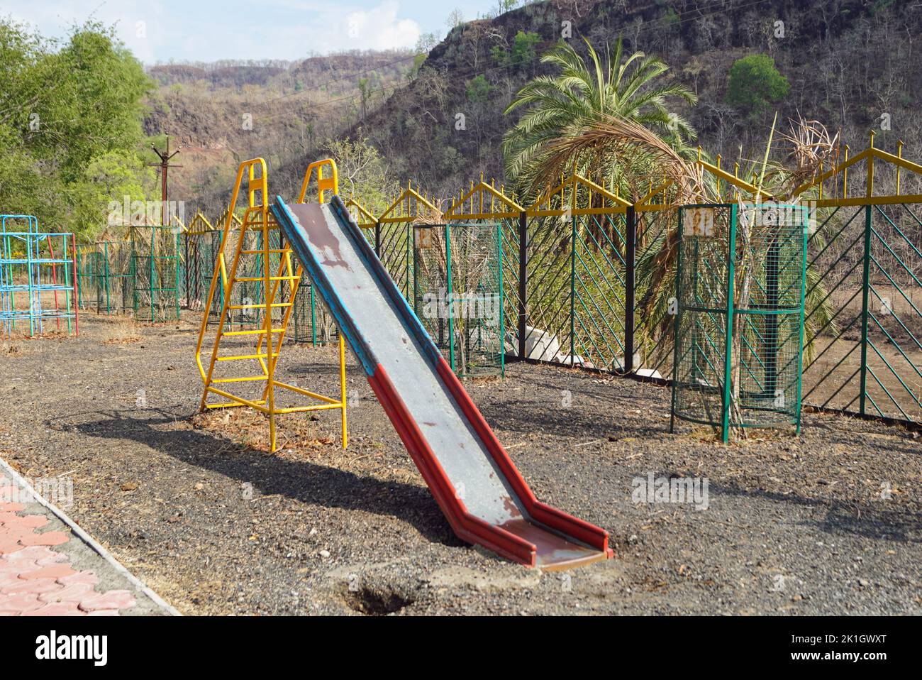Children's playground slide at mountain village Kalakund near Mhow ...