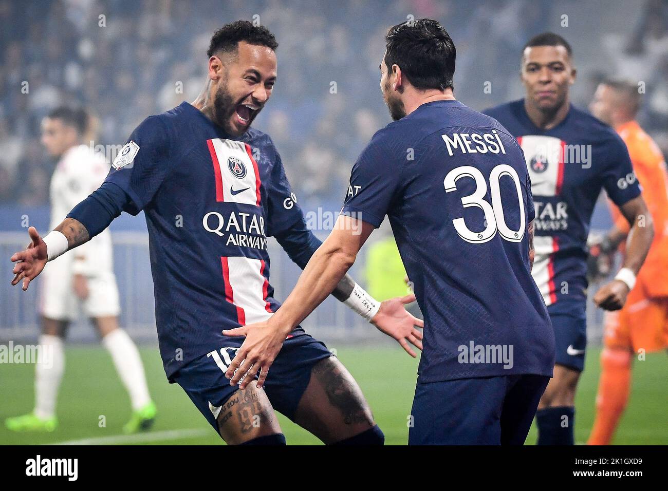 Lionel (Leo) MESSI of PSG celebrate his goal with NEYMAR JR of PSG and Kylian MBAPPE of PSG ...