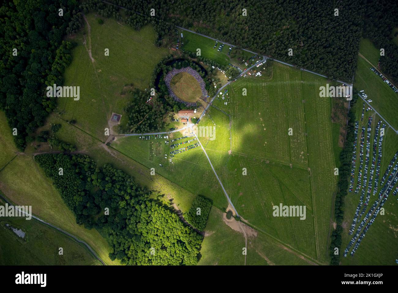 Aerial view, wild horse catch in Merfelder Bruch near Dülmen, arena of ...