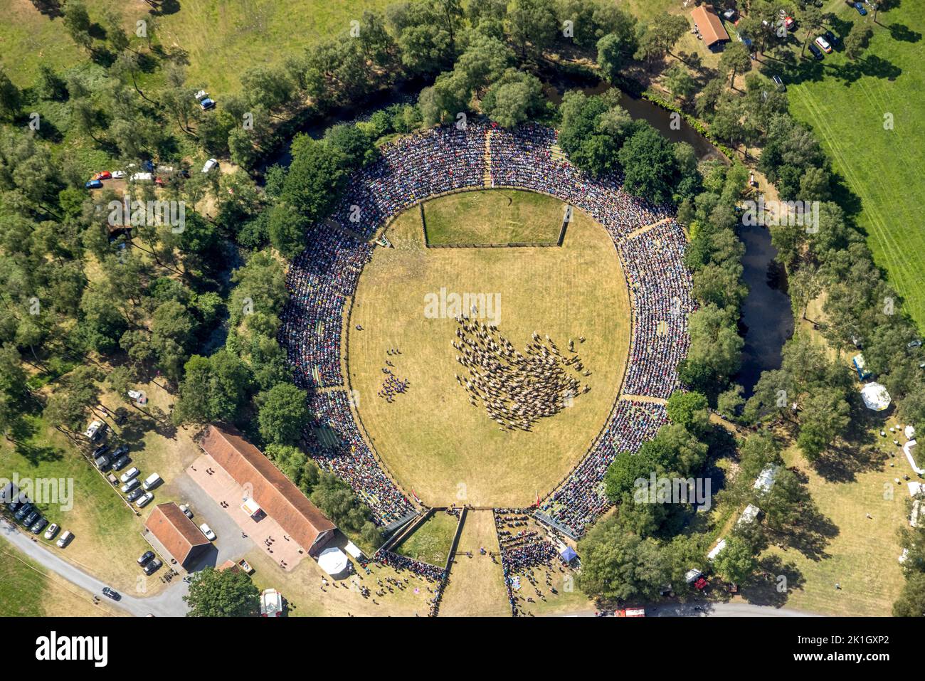 Aerial view, wild horse catch in Merfelder Bruch near Dülmen, arena of ...