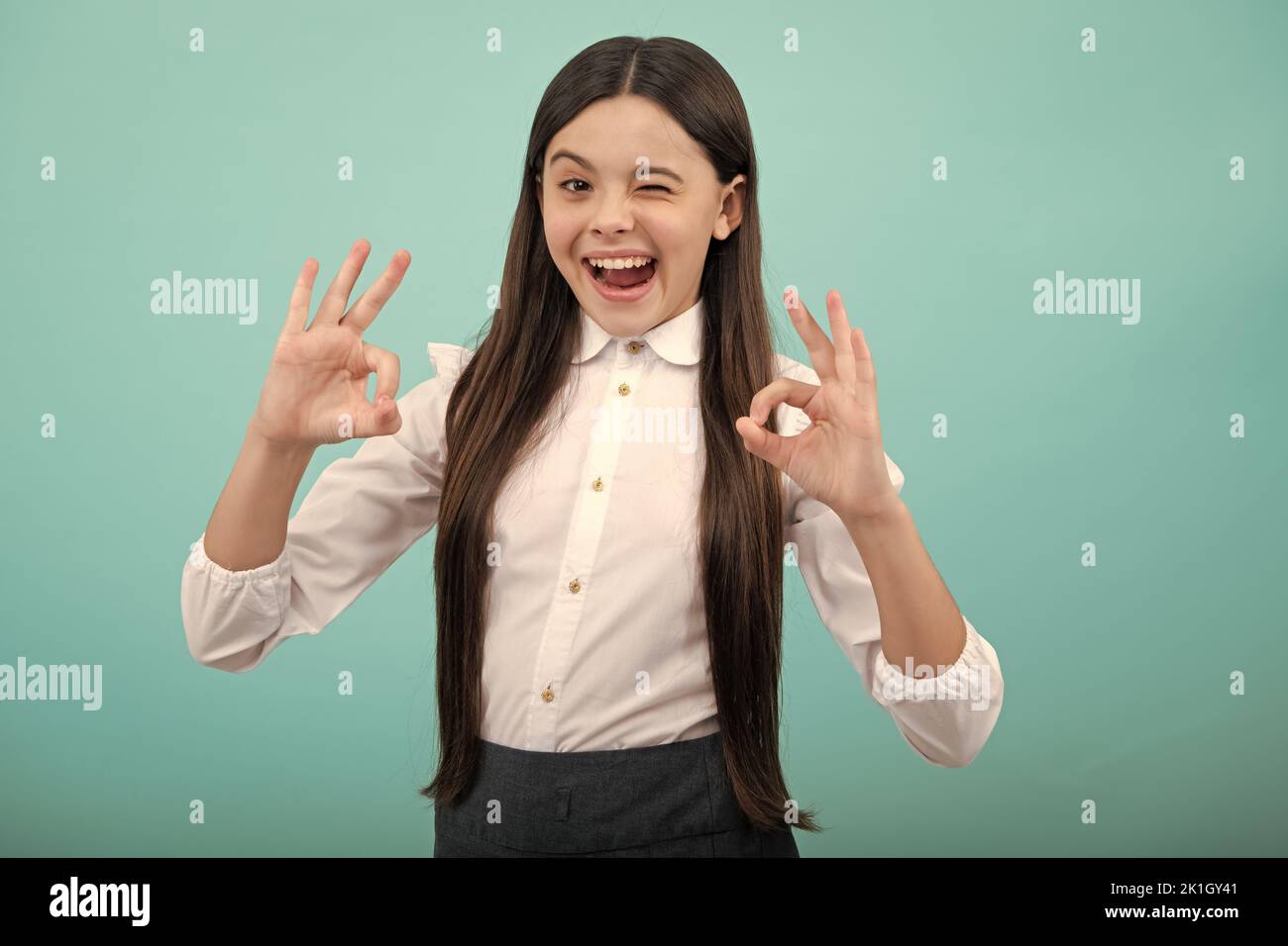 Excited face. Amazed expression, cheerful and glad. Cute preteen girl ...