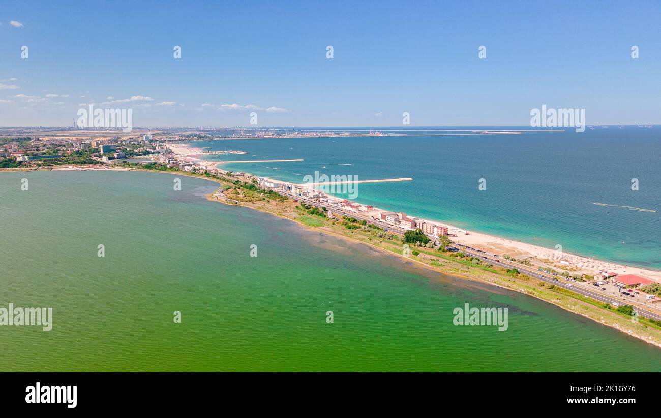 Aerial photography taken from a drone at Eforie beach with Techirghiol ...