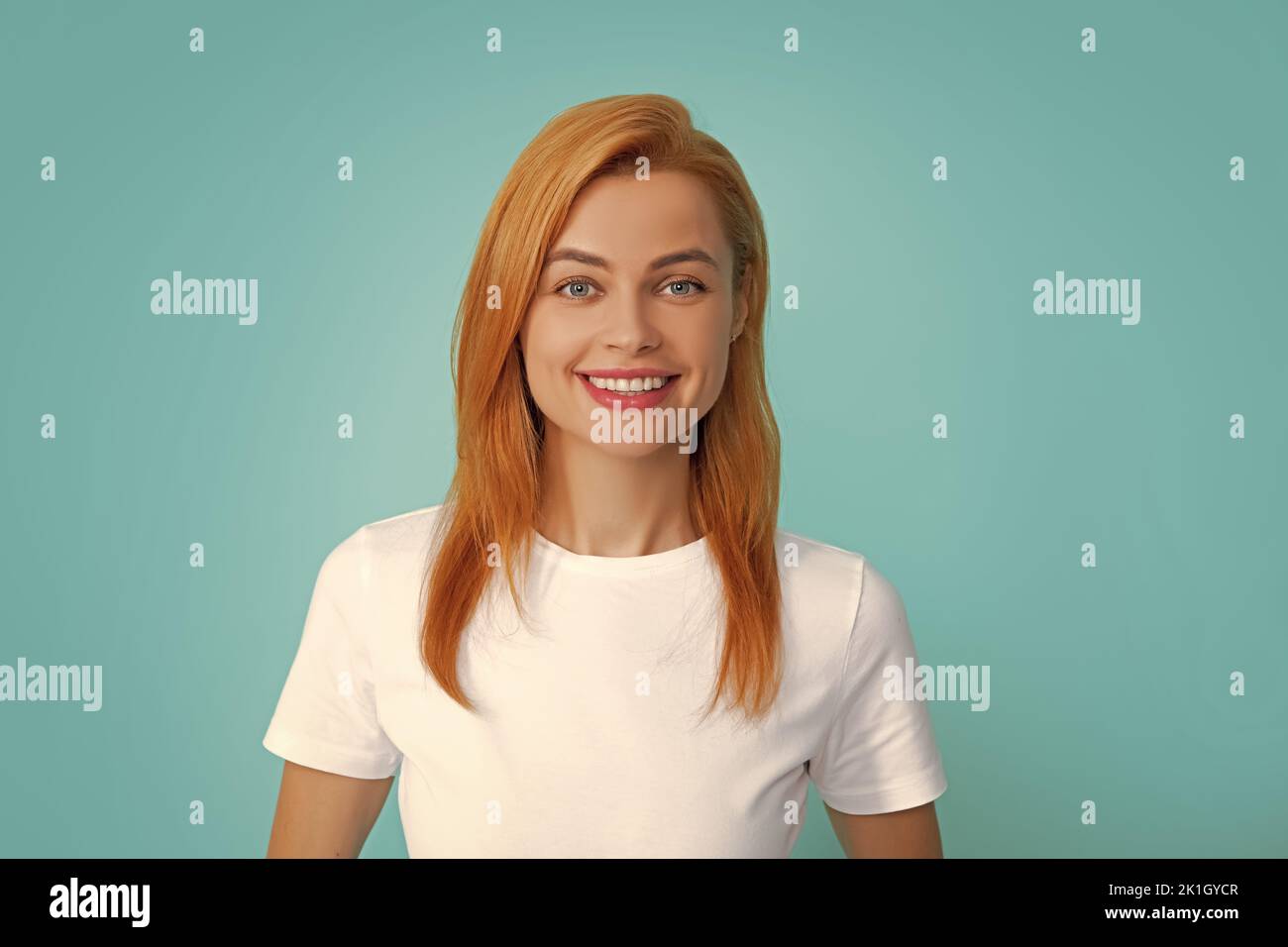 Happy smiling woman portrait. Attractive young pretty cheerful girl in ...