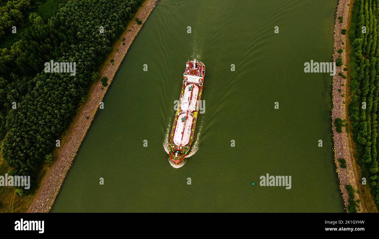 Aerial photography of a gas transport ship seen on Danube. Photo was ...