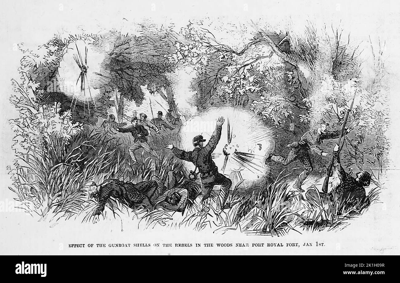 Effect of the gunboat shells on the Rebels in the woods near Port Royal ...