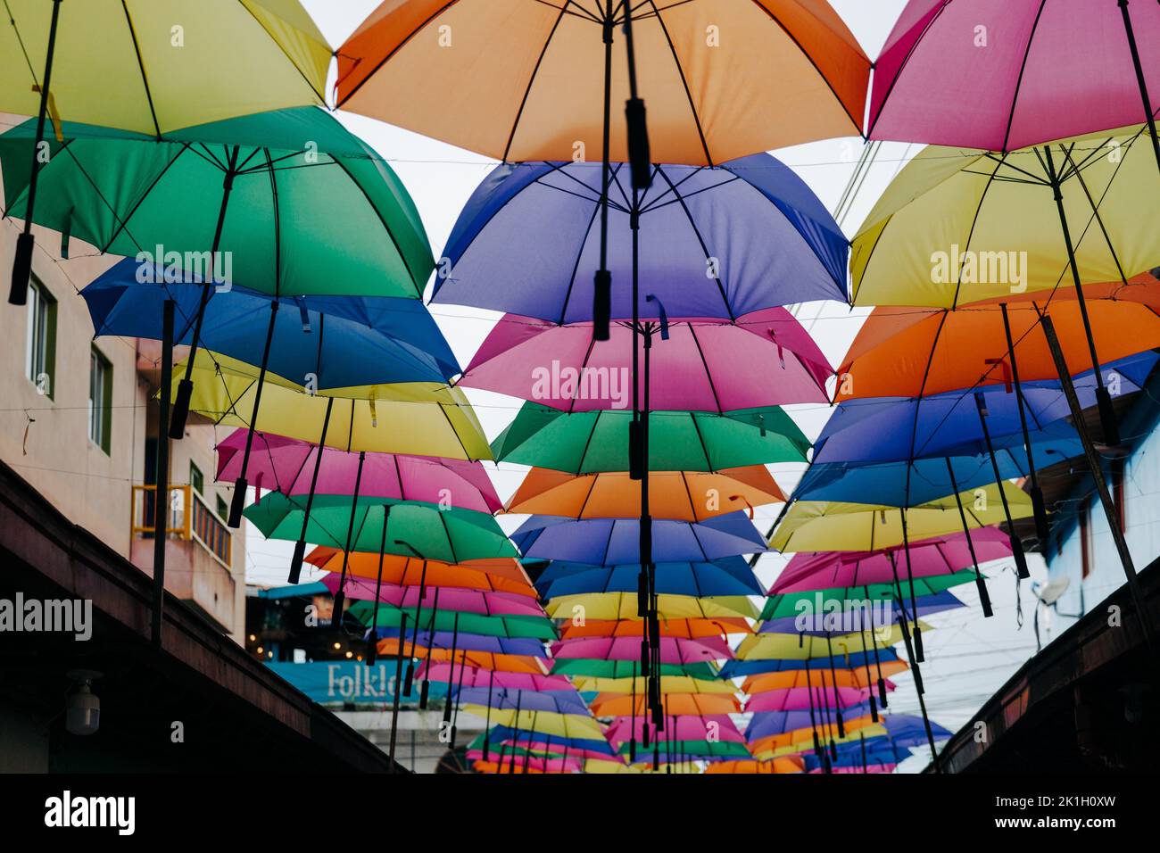 Colorful umbrellas in Guatape in Andean resort town Colombia Stock ...