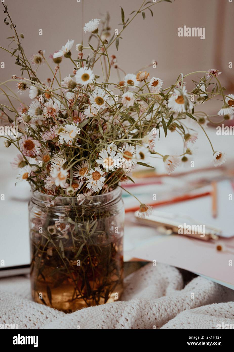 A closeup vertical shot of a bunch of almost dried daisies in the ...