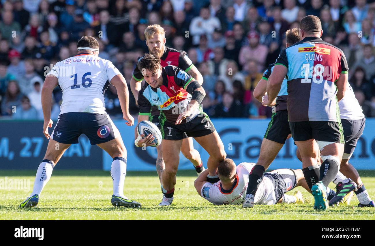 Owen Farrell tackles Cadan Murley during the Gallagher Premiership ...