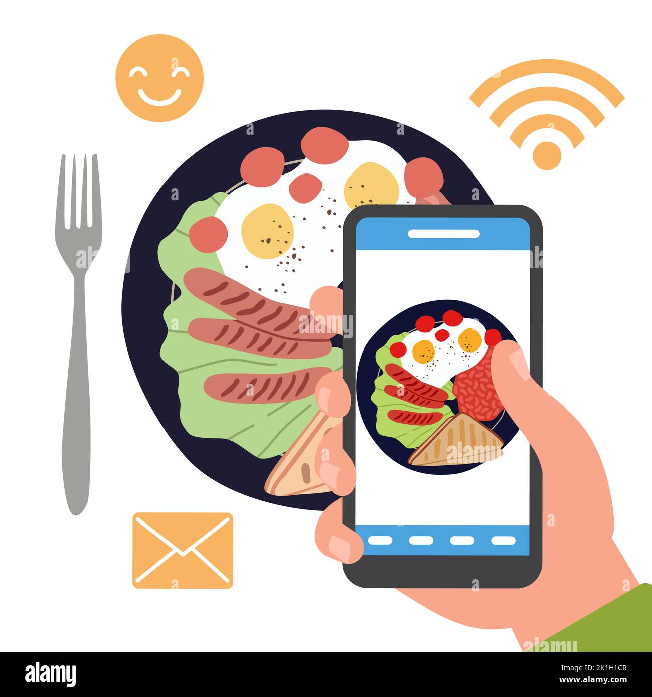 Blog about food, photo sharing in social networks. Plate with meal top ...