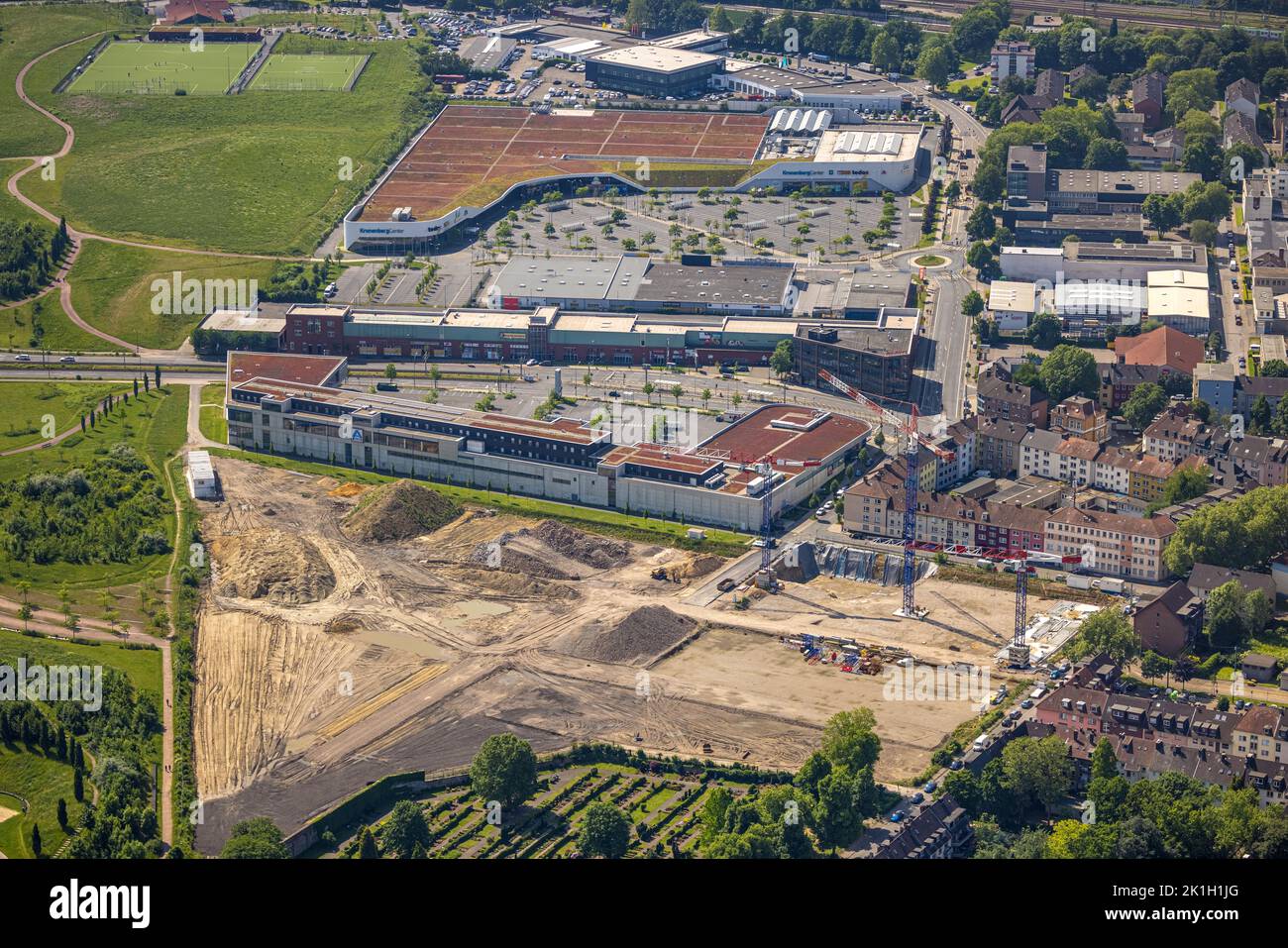 Aerial view, Kronenberg-Center shopping center and construction site at ...