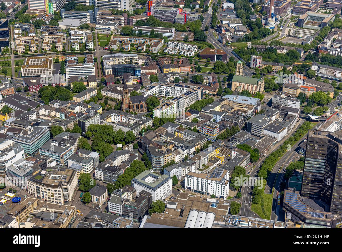Aerial view, city with Kreuzeskirche and St. Gertrud church, city ...