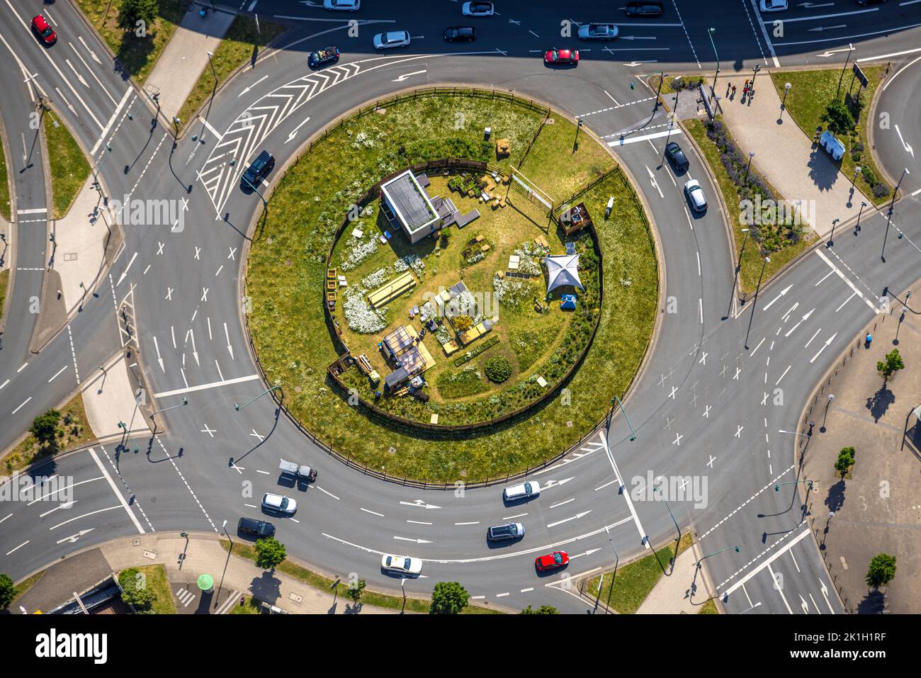 Aerial view, ecological village in Limbecker Platz traffic circle, city ...