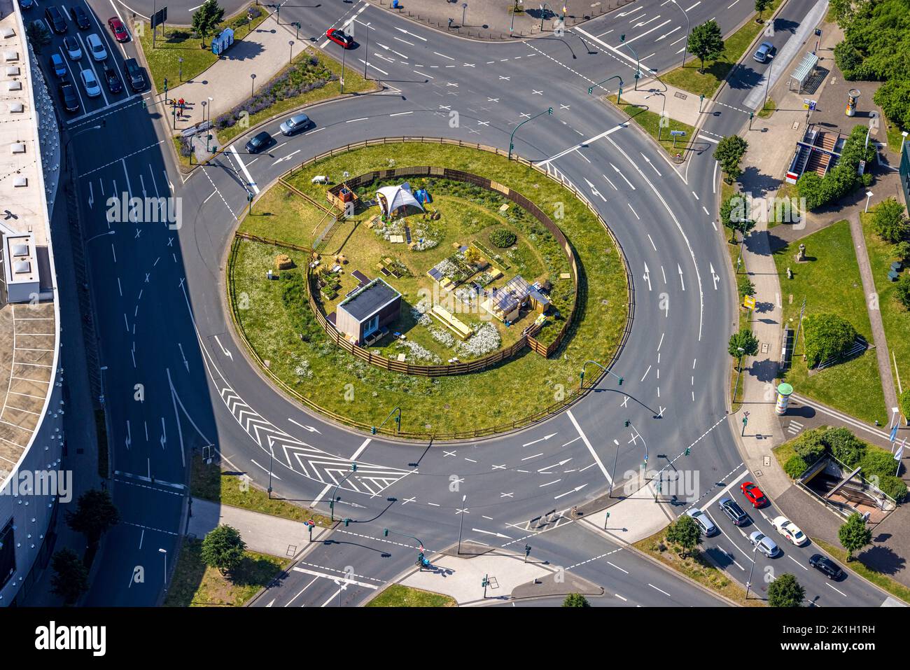 Aerial view, ecological village in Limbecker Platz traffic circle, city ...