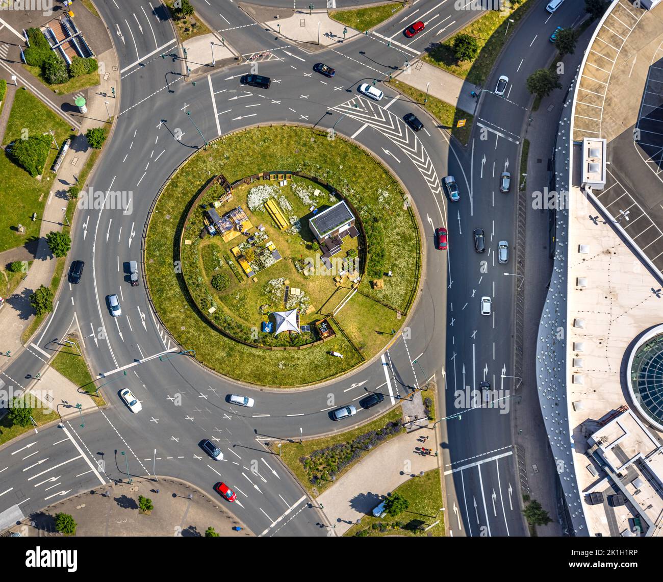 Aerial view, ecological village in Limbecker Platz traffic circle, city ...