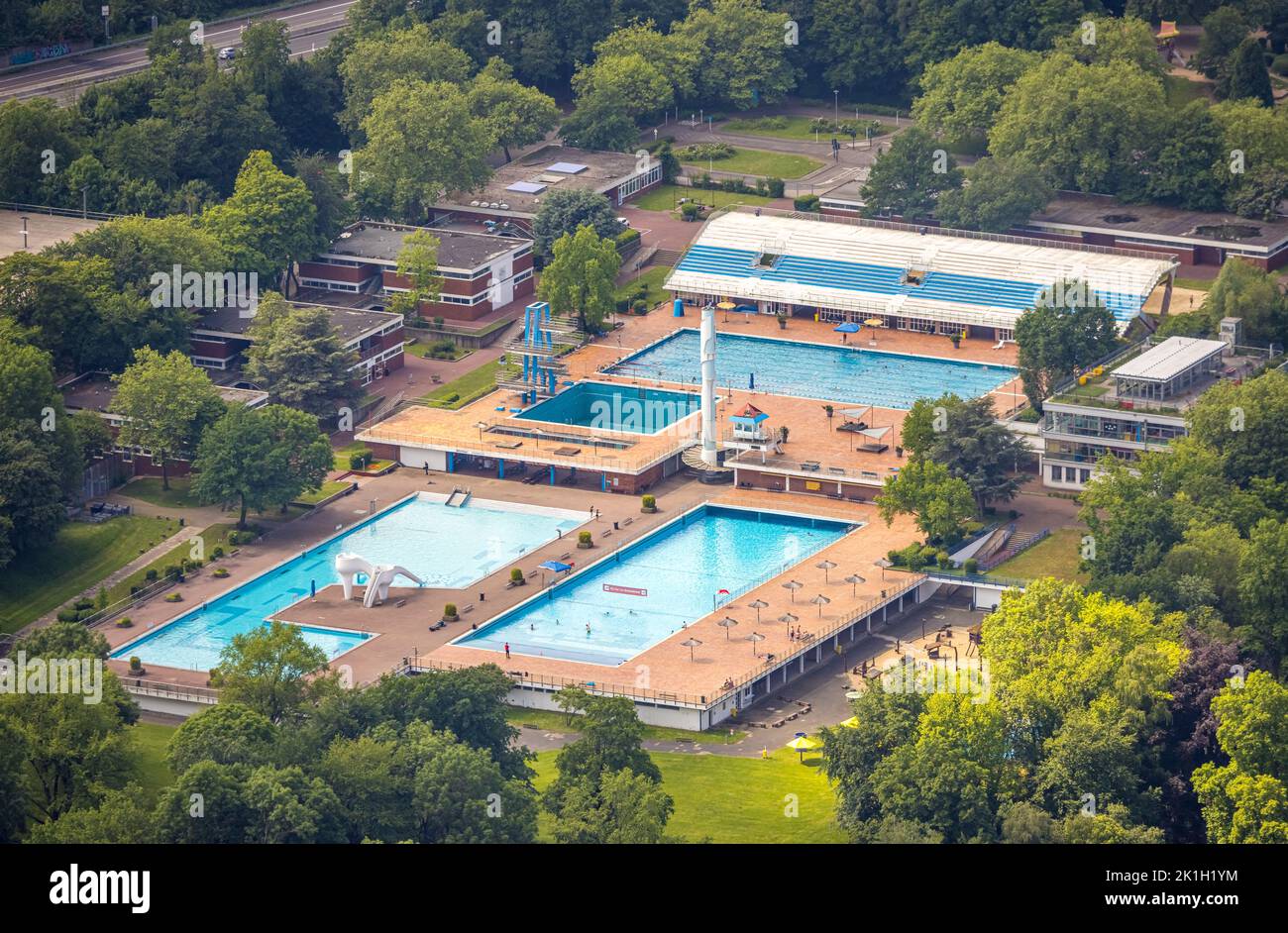 Aerial view, Grugabad in Grugapark, Essen-Rüttenscheid, Essen, Ruhr ...