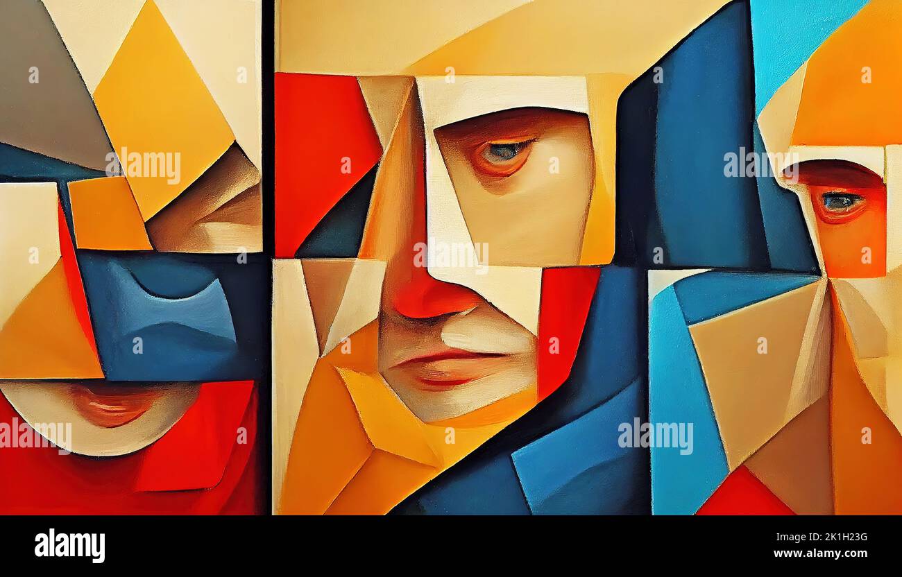 Male faces in the style of cubism painting. Digital illustration based ...