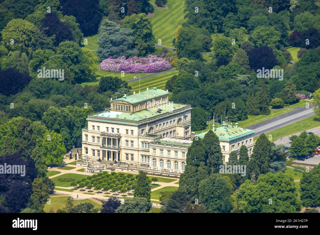 Aerial view, Villa Hügel and rhododendron blossom in the park, former ...