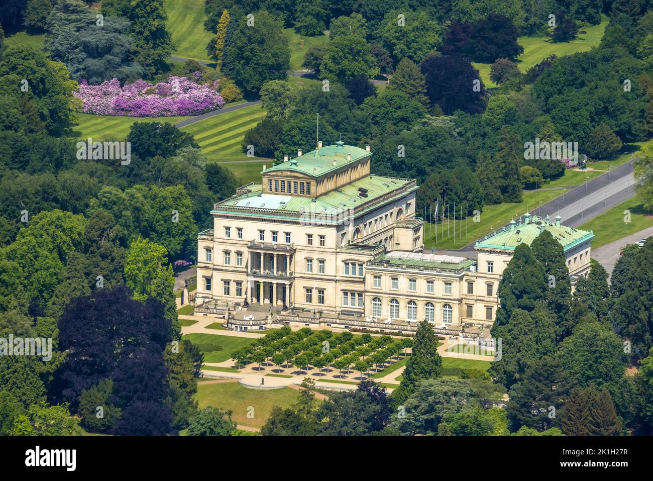 Aerial view, Villa Hügel and rhododendron blossom in the park, former ...